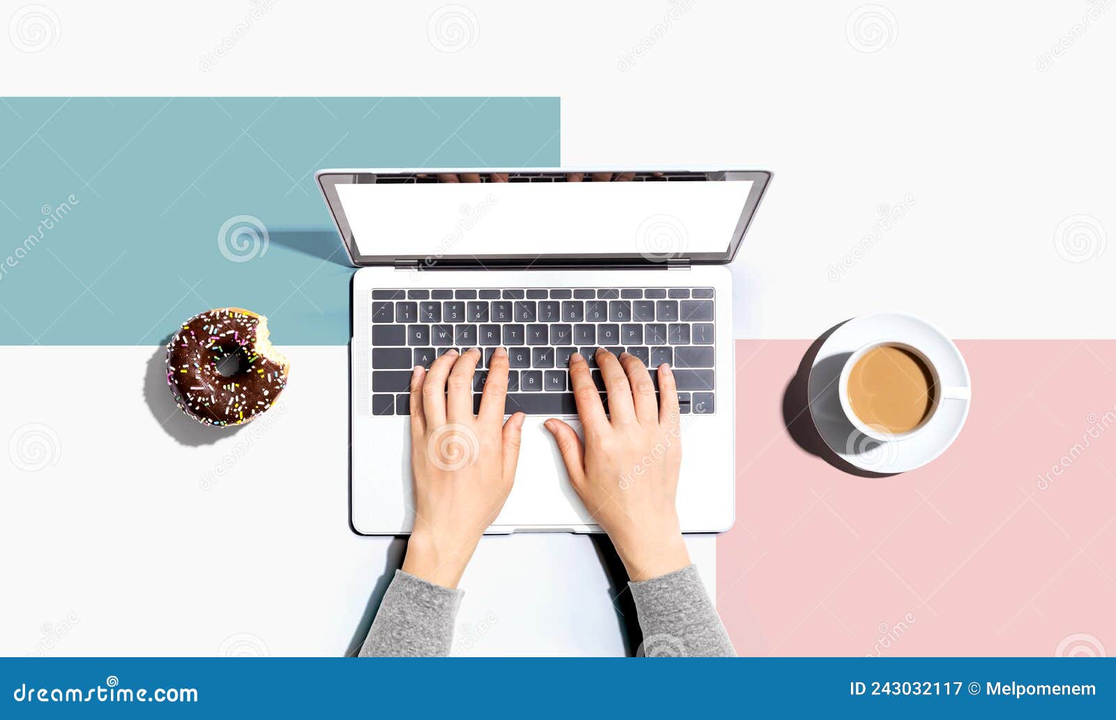 Person Using a Laptop Computer with a Donut and a Cup of Coffee Stock ...