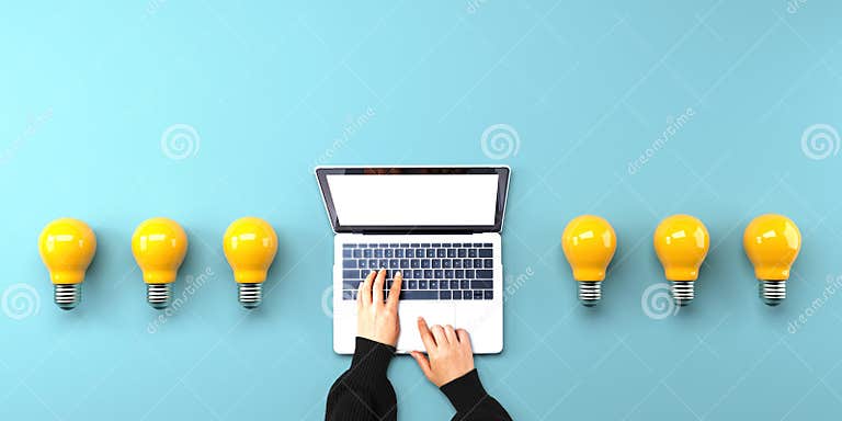 Person Using a Laptop Computer with Light Bulbs Stock Image - Image of ...