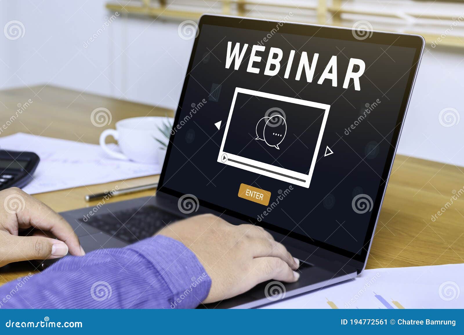 Person Using a Laptop Computer for Online Training Webinars. E-learning ...