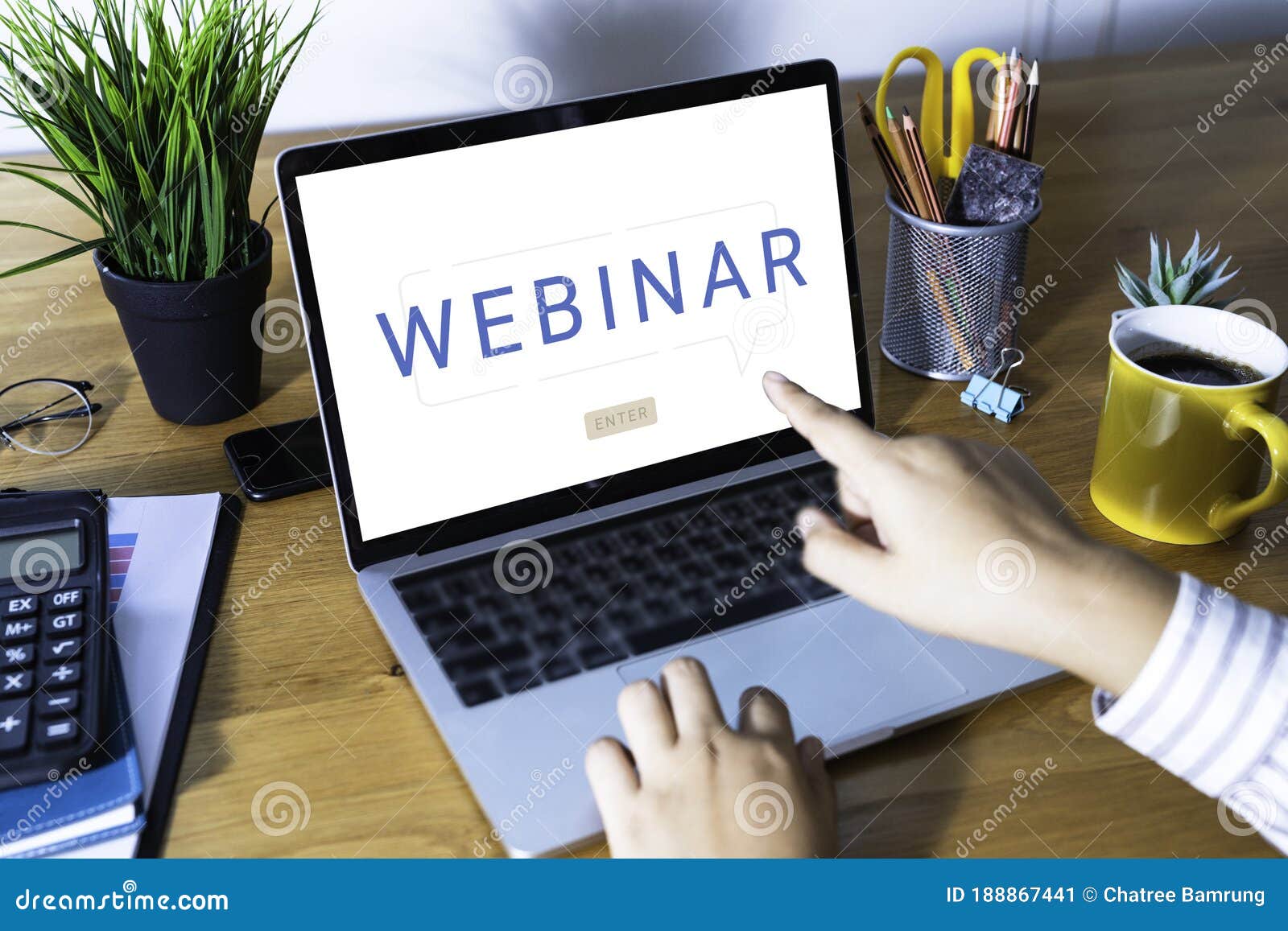 Person Using a Laptop Computer for Online Training Webinars. E-learning ...
