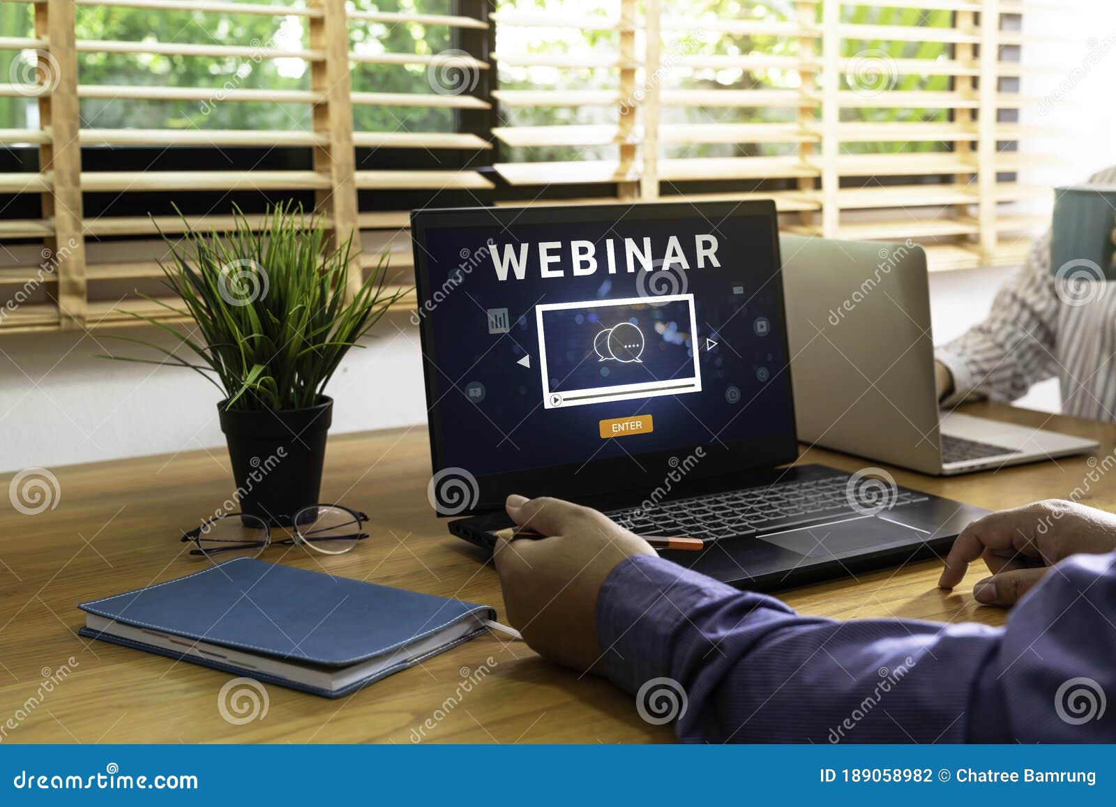 Person Using a Laptop Computer for Online Training Webinars. E-learning ...