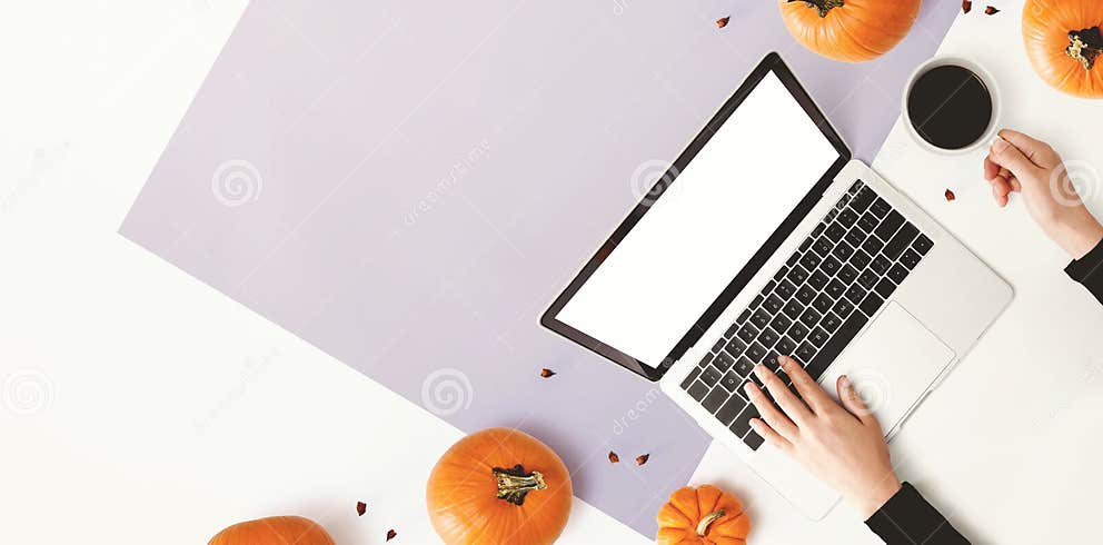 Person Using a Laptop Computer with Pumpkins Stock Image - Image of ...