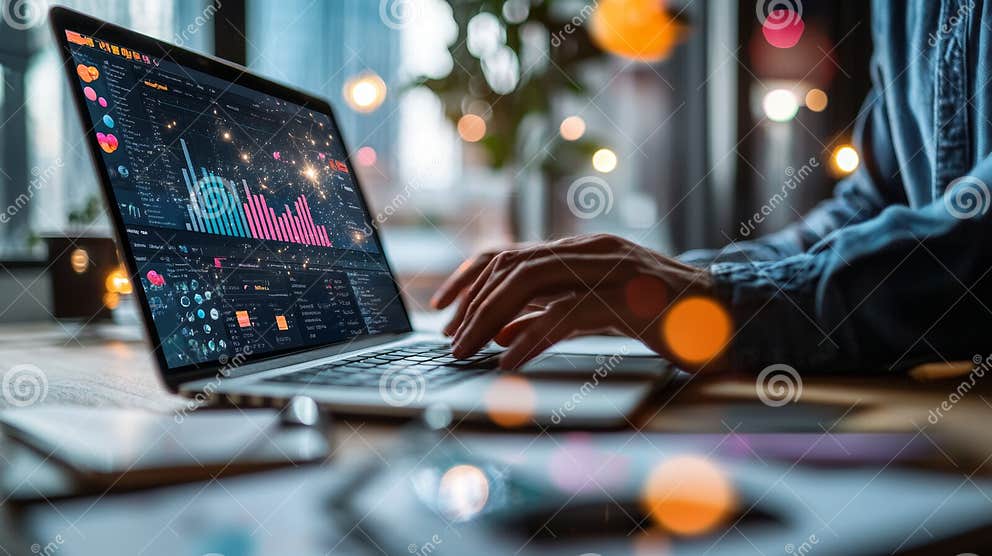 Person Using Laptop with Data Visualizations and Analytics Stock Image - Image of tech ...