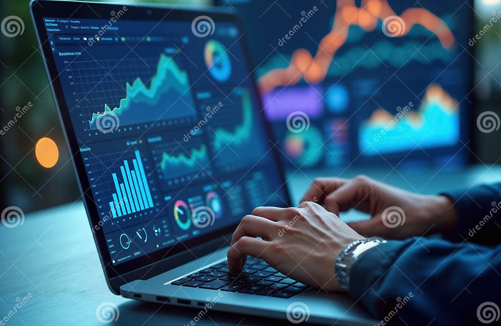Person Using Laptop with Financial Data Analytics Dashboard. Hands on Keyboard Analyzing ...
