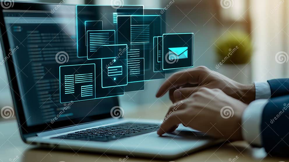 A Person Using a Laptop with Floating Digital Documents and Messages in ...