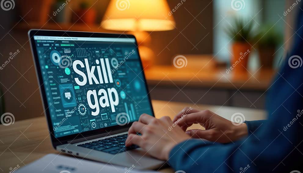 Person Using Laptop with Skill Gap Displayed. Modern Tech Training ...