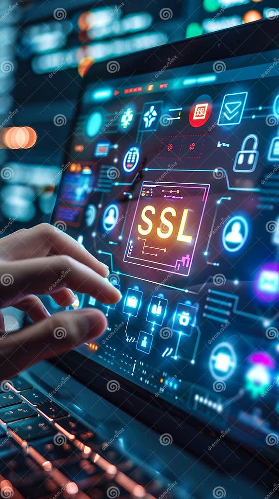 Person Using Laptop with Virtual Interface Displaying SSL Secure ...