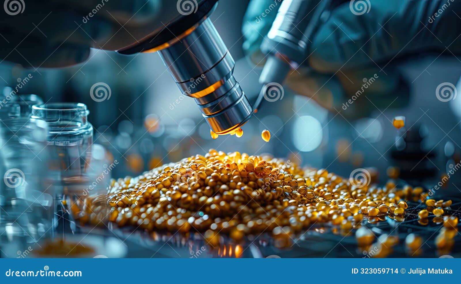 A Person is Using a Microscope To Look at a Pile of Yellow Objects ...