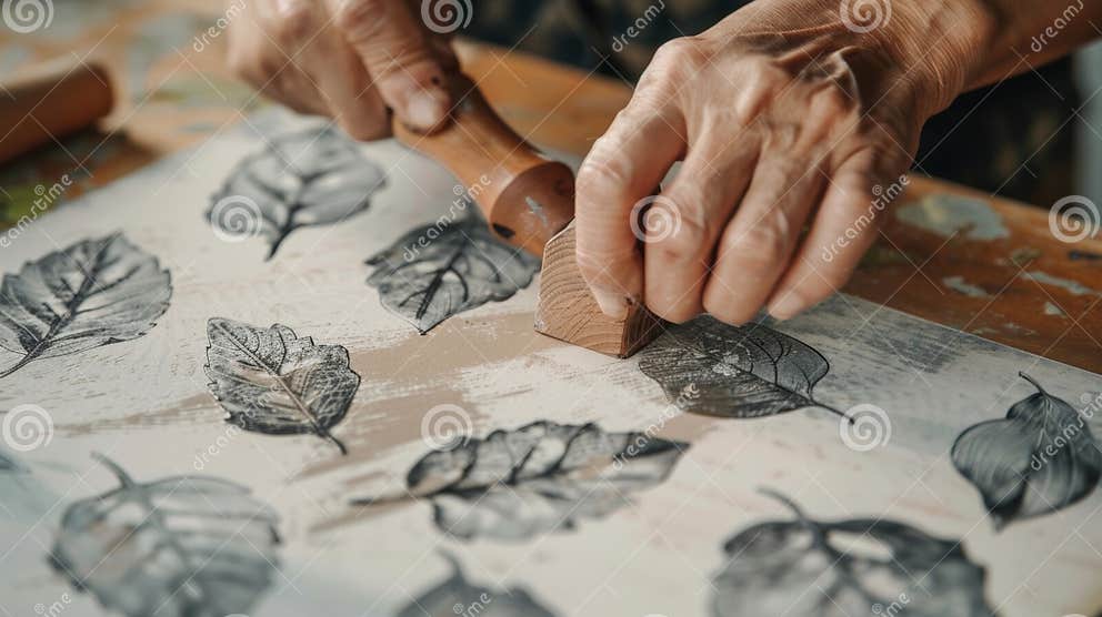 A Person Using a Rubber Stamp with a Leaf Imprint Design To Create ...