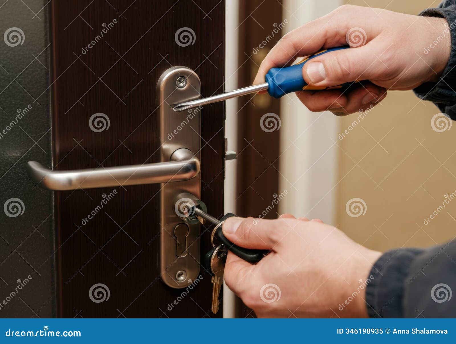 Person Using Screwdriver and Keys on Door Lock for Home Security or ...