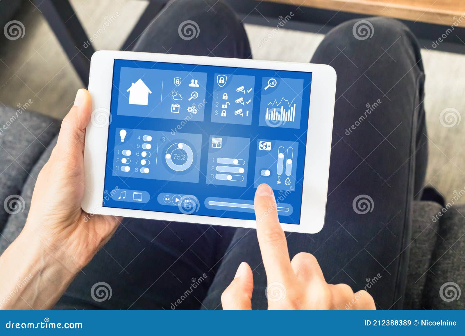 Person Using Smart Home Automation Dashboard on Digital Tablet Computer ...