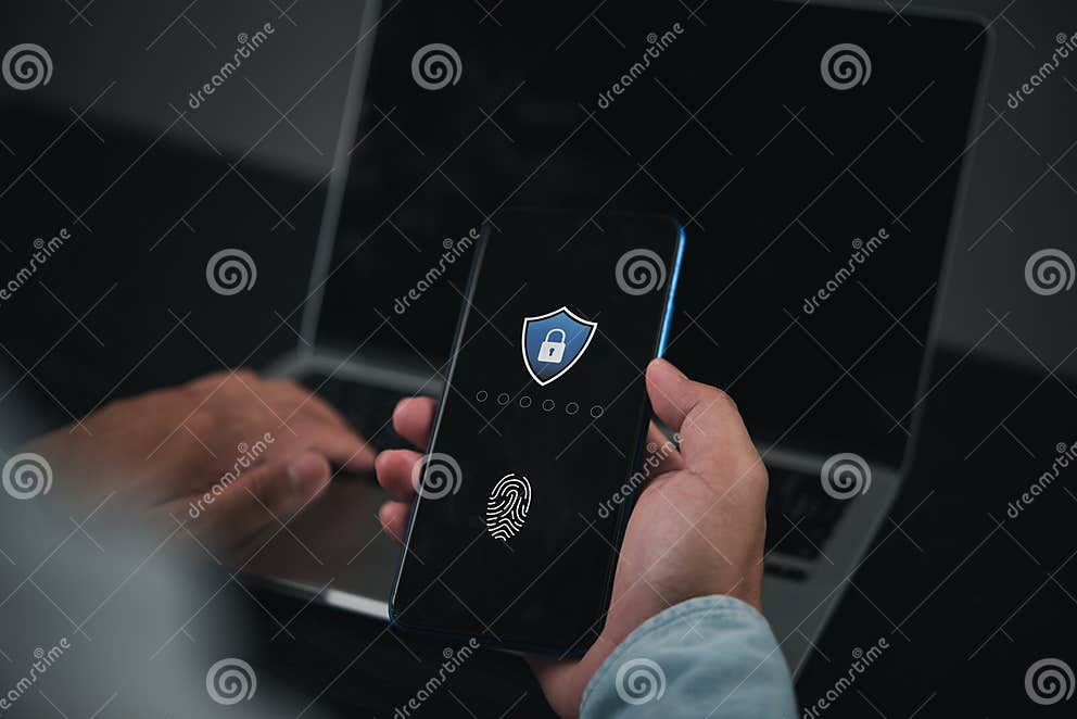 Person Using Smartphone with Fingerprint Authentication, Ensuring ...