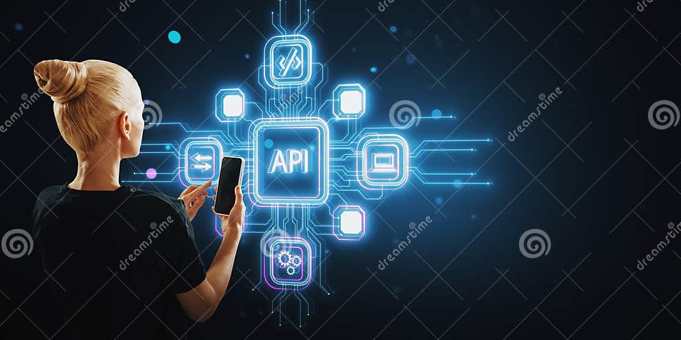 Person Using Smartphone with Neon API Network Icons, Holographic Concept of Data and Technology ...