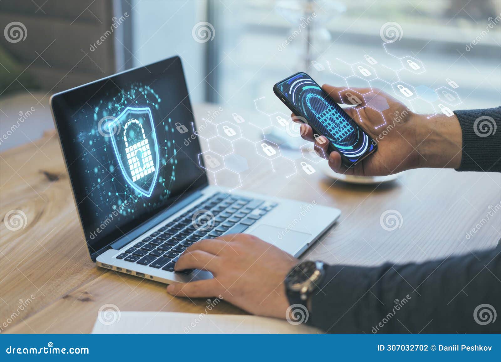 Person Using Smartphone To Control Virtual Padlock on Laptop for Secure ...