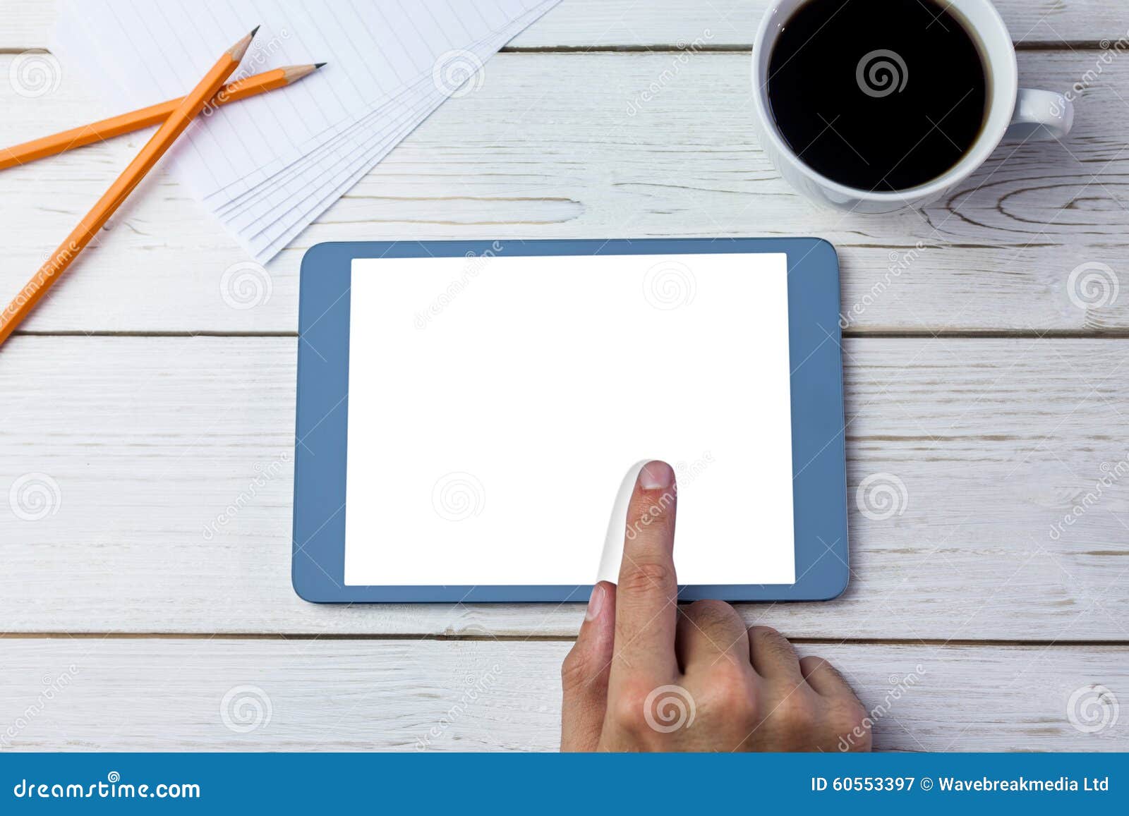 Person Using Tablet Computer at Desk Stock Image - Image of caffeine ...