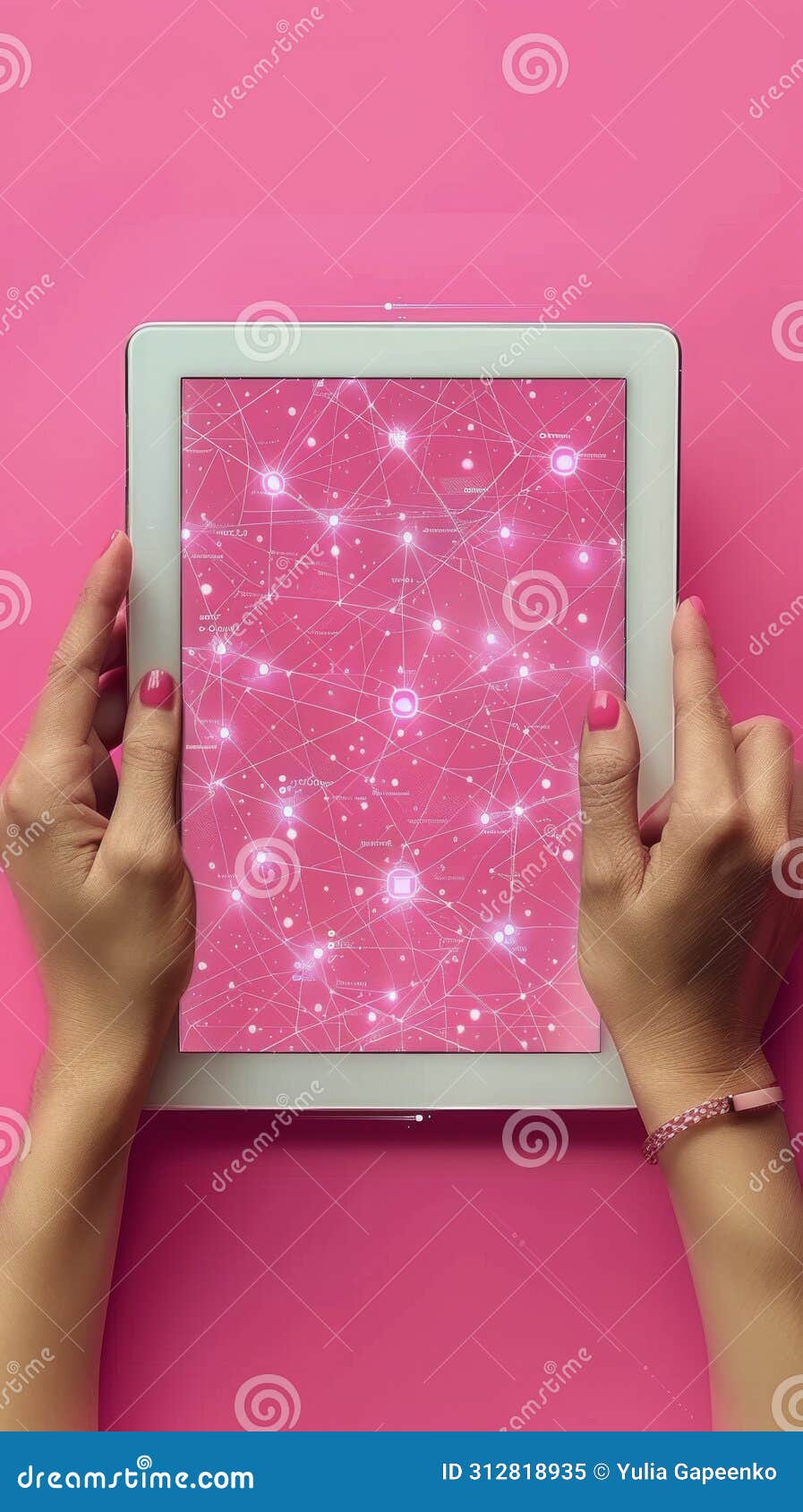 Person Using Tablet Computer on Pink Surface Stock Image - Image of ...