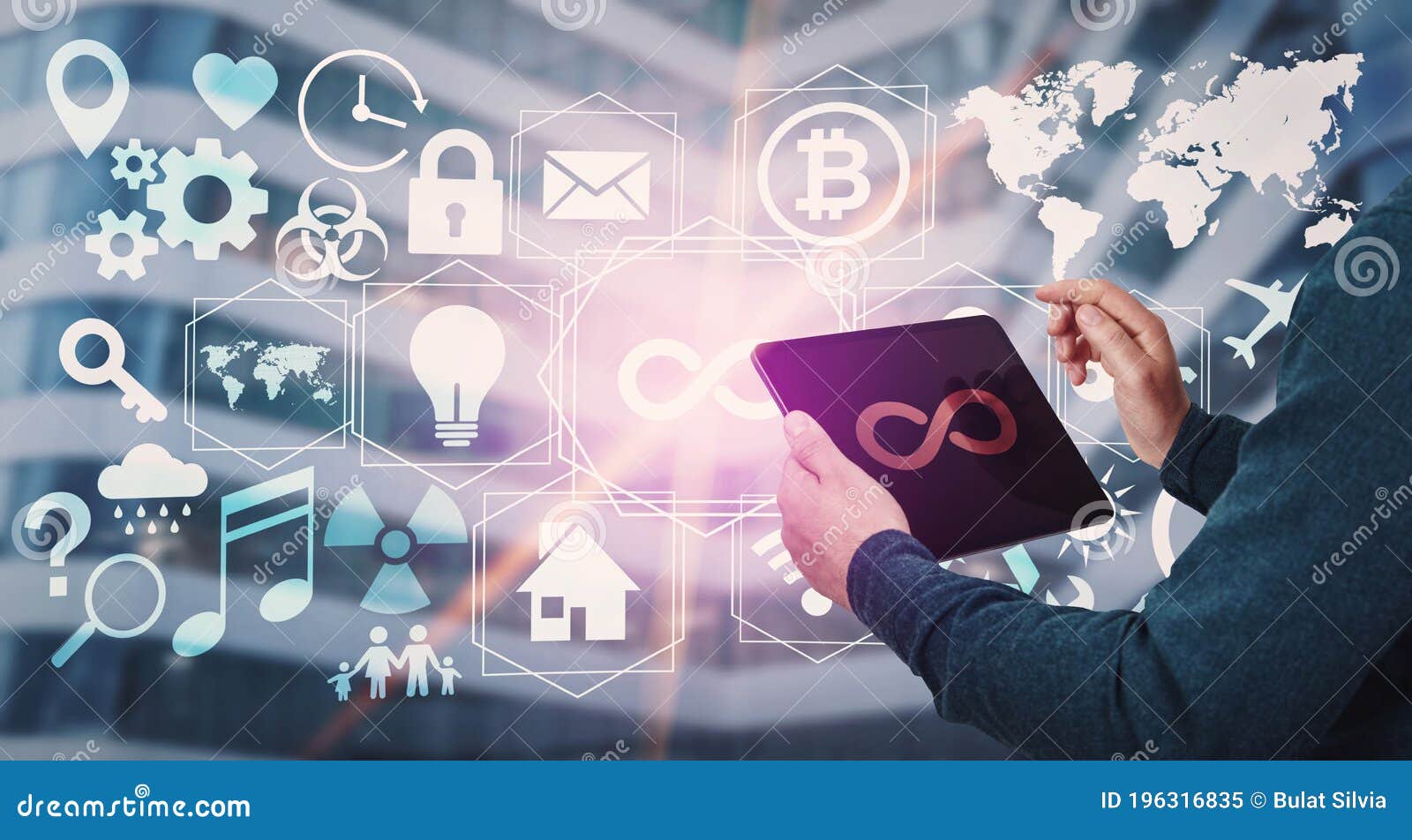 Person Using Tablet Computer To Display Multiple Icons As Apps and ...