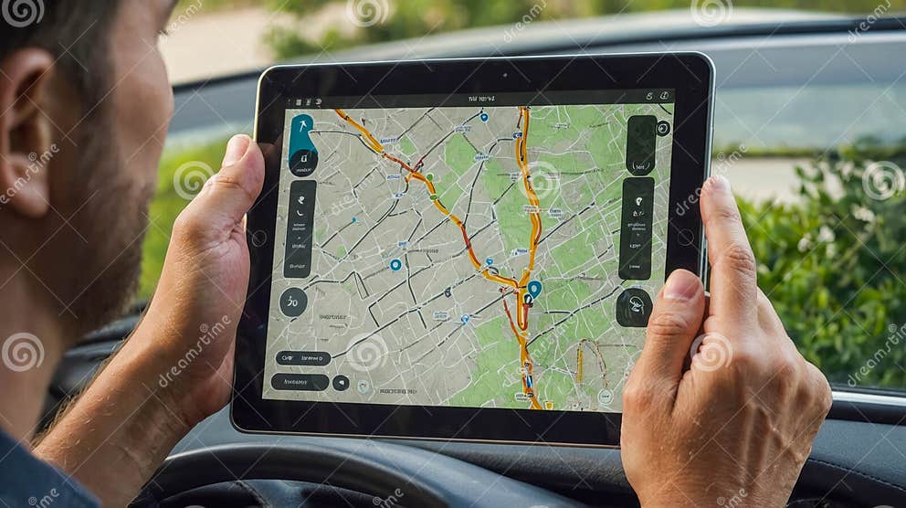 A Person Using a Tablet To Navigate a Map while Driving, Highlighting ...
