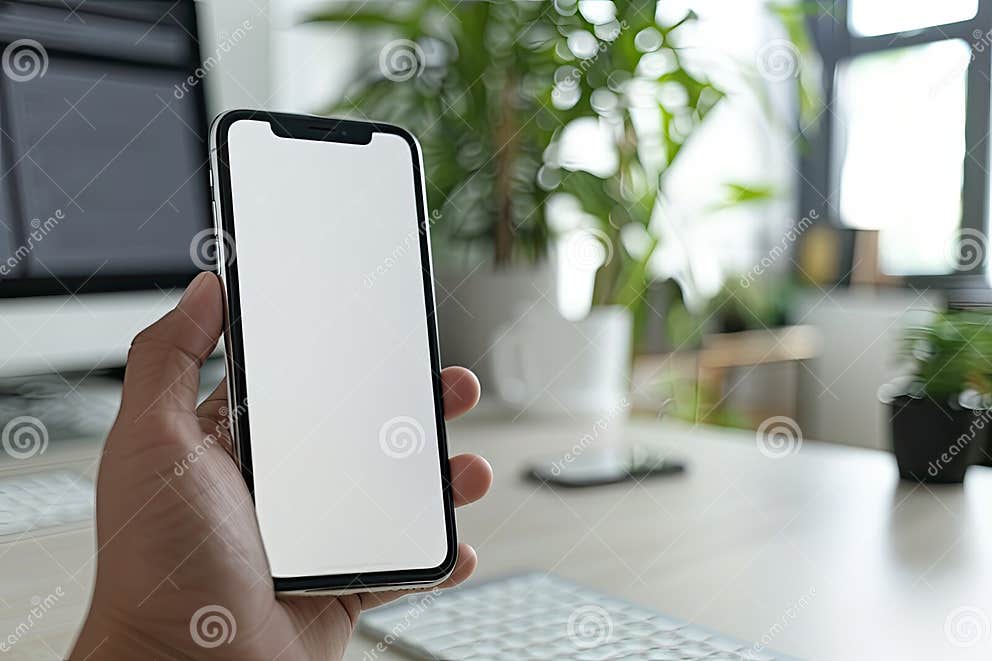A Person is Holding a Cell Phone with a White Screen, Showing a Gesture ...