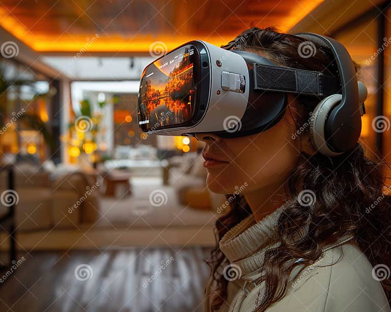 A Person Using a VR Headset To Explore a Virtual Interior Design Stock ...