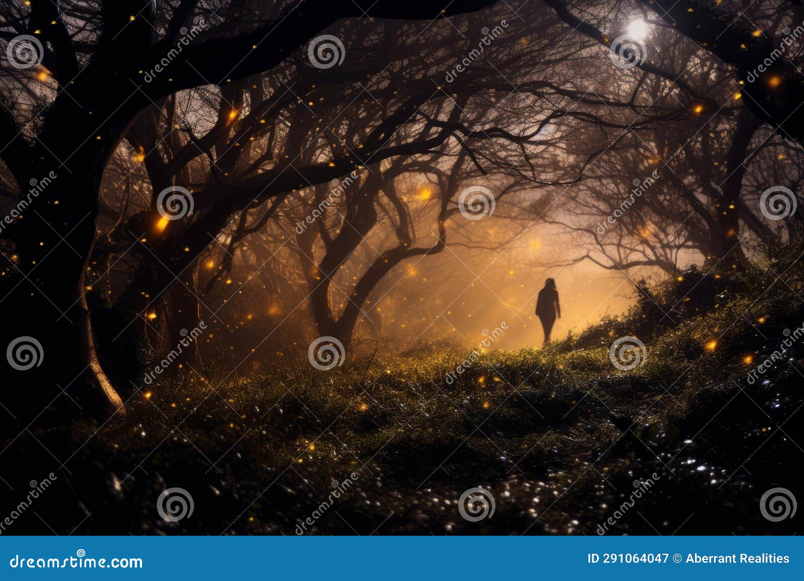 A Person Walking through a Dark Forest with Fireflies Stock ...