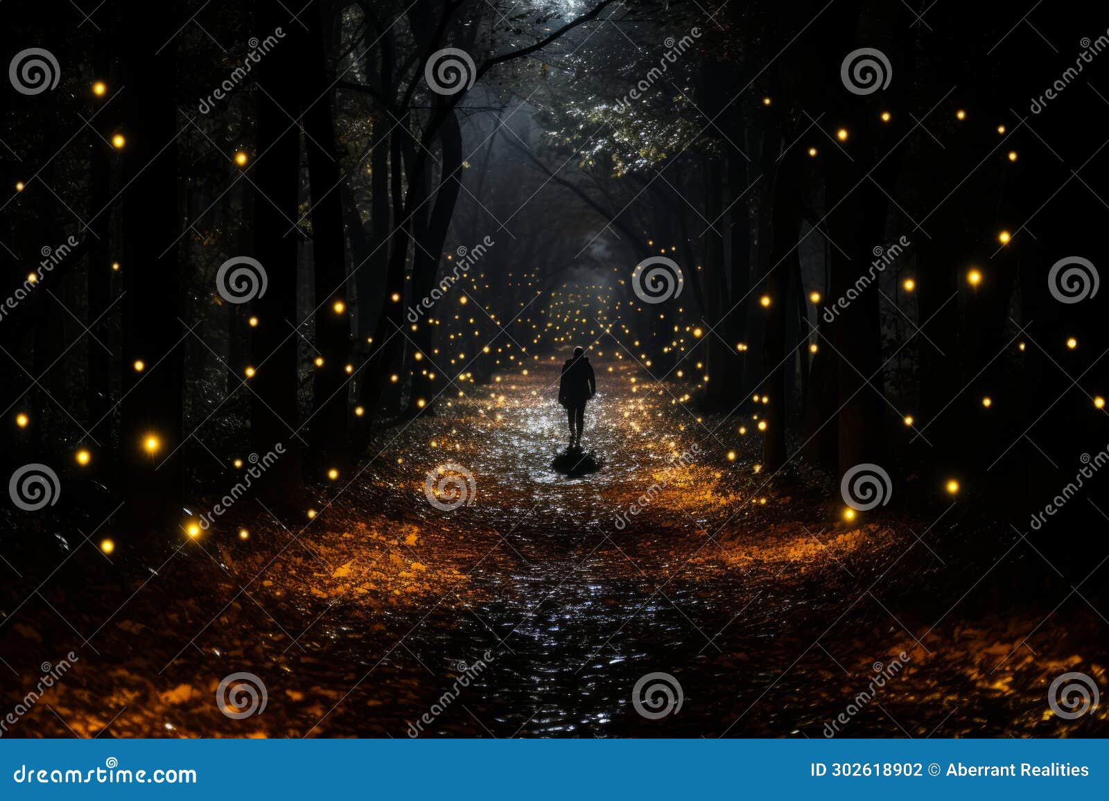 A Person Walking through a Dark Forest at Night with Fireflies Stock ...