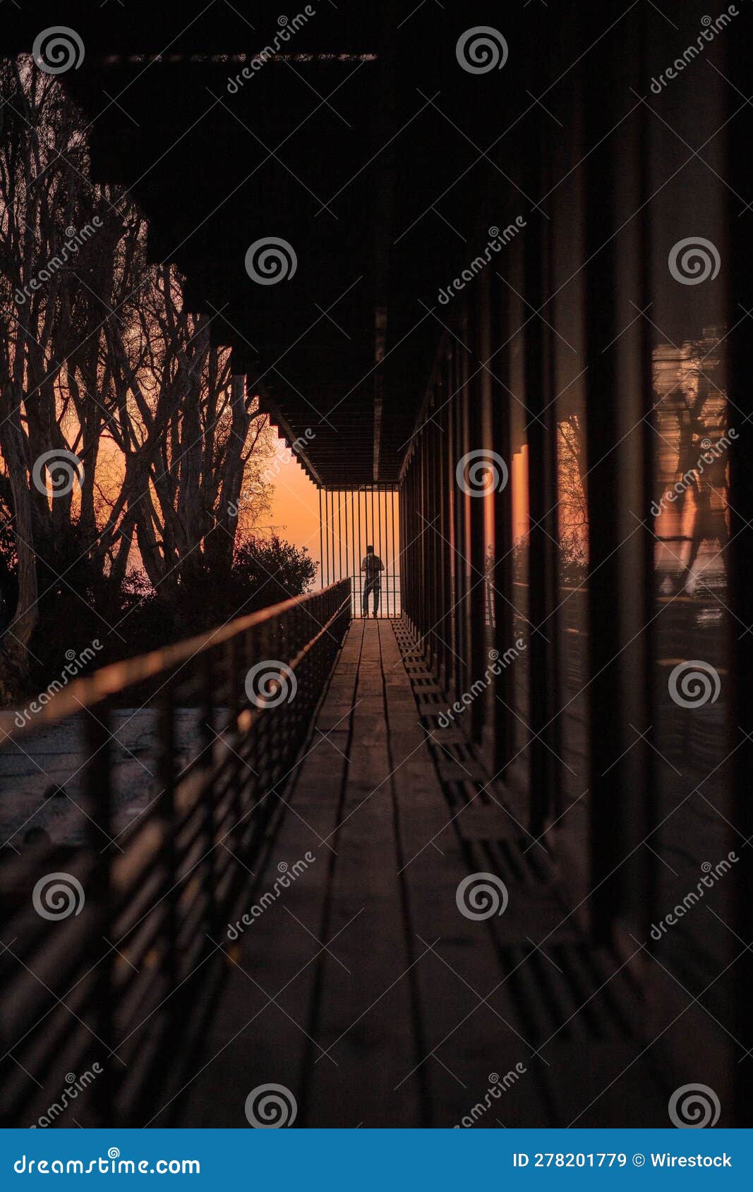 A Person Walking Down the Walkway of a Building at Dusk Stock Image ...