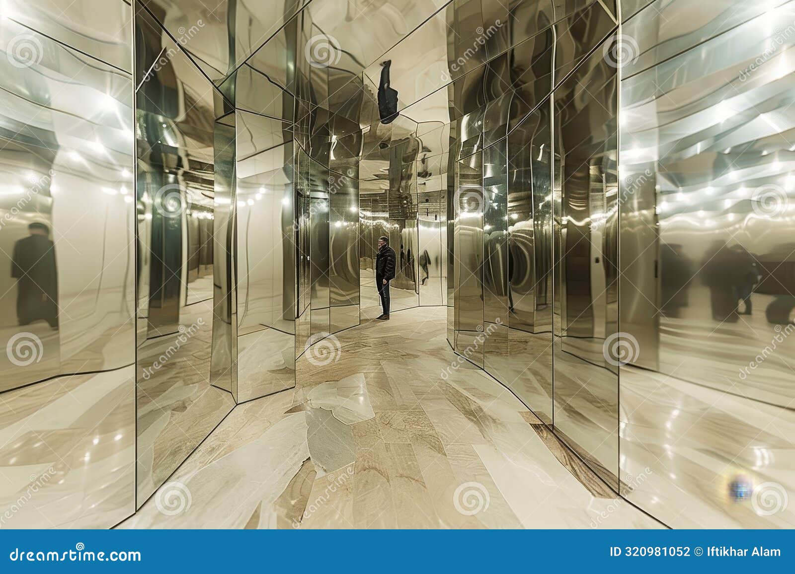 A Person Walking Down a Hallway with Mirrored Walls Reflecting Their ...