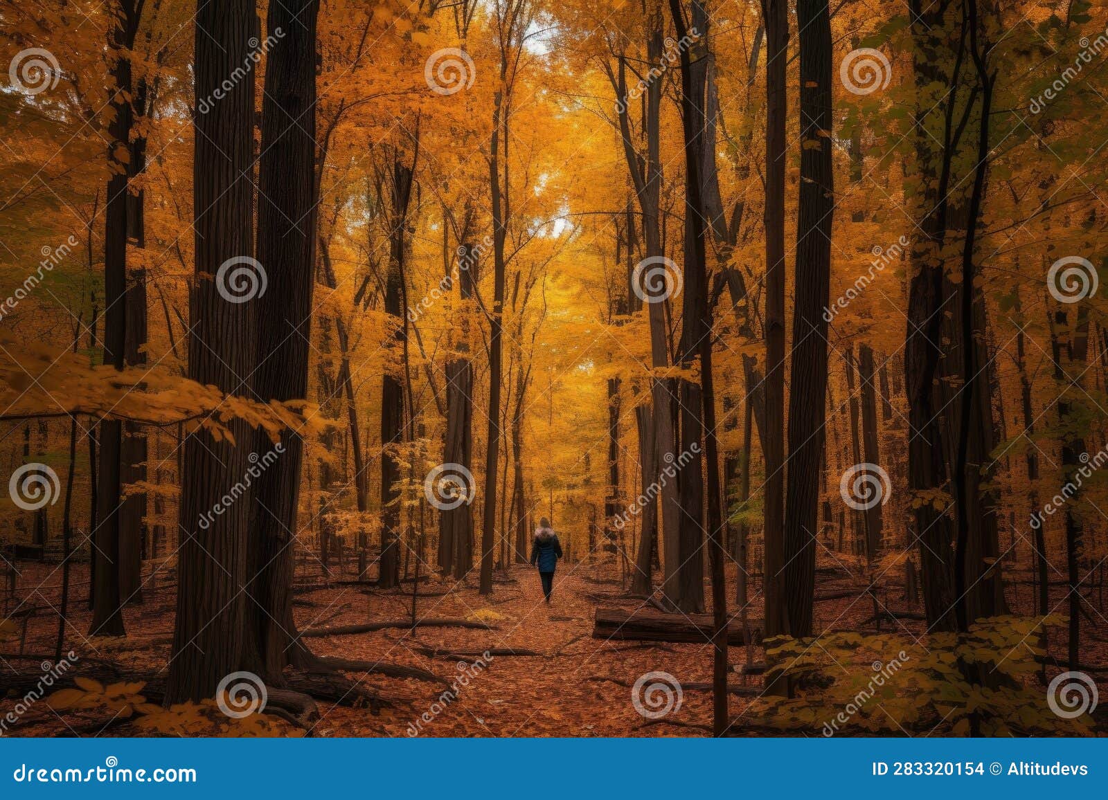 Person Walking through Forest, with Towering Trees and Rustling Leaves ...
