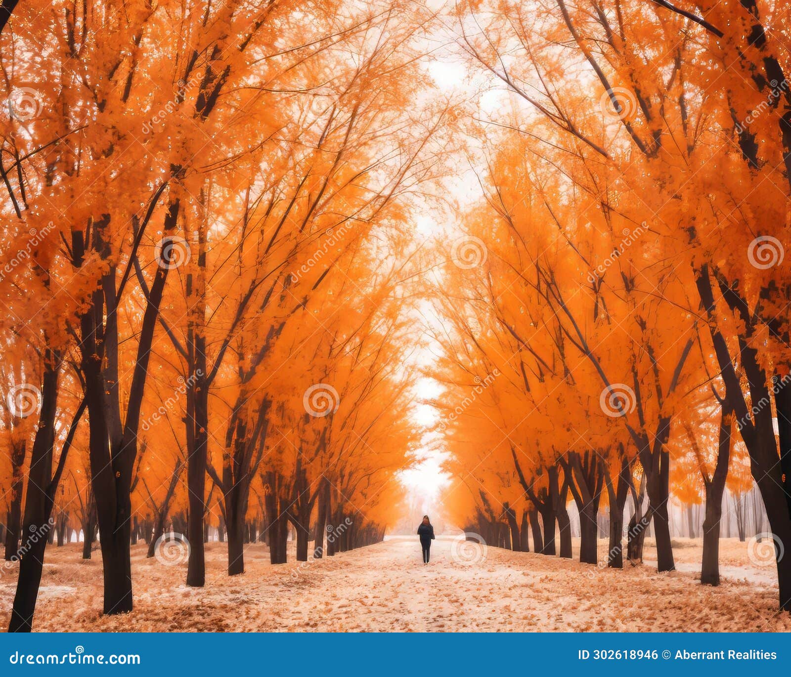 A Person Walking through an Orange Tree Lined Path Stock Illustration ...