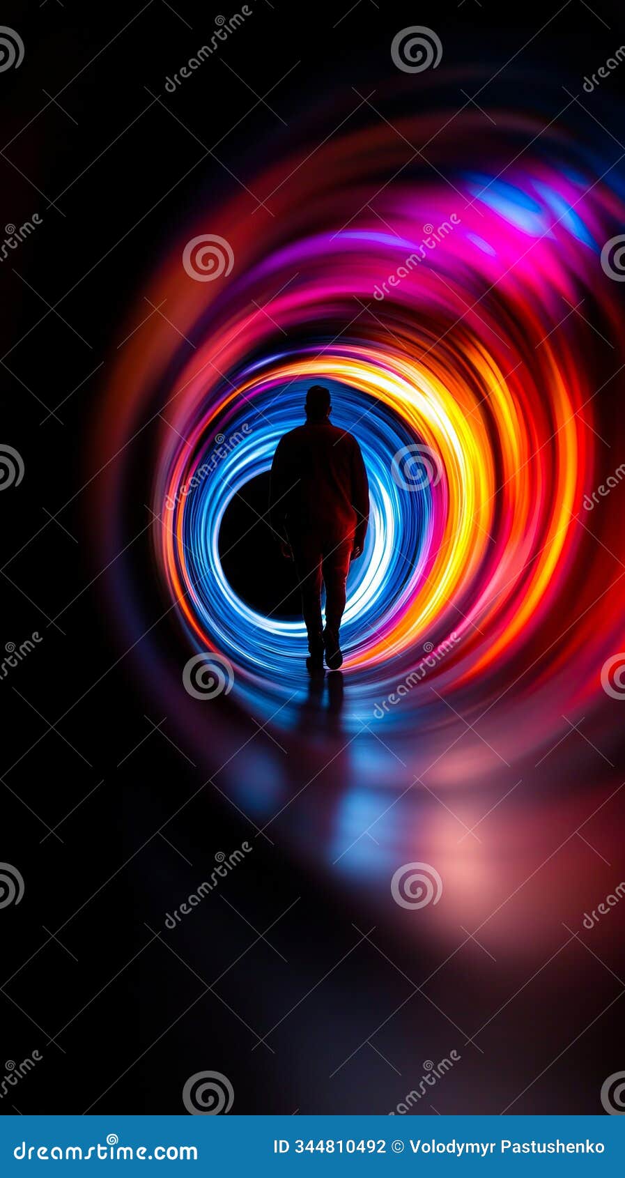A Person Walking through a Tunnel of Colorful Lights Stock Photo - Image of multiple, making ...