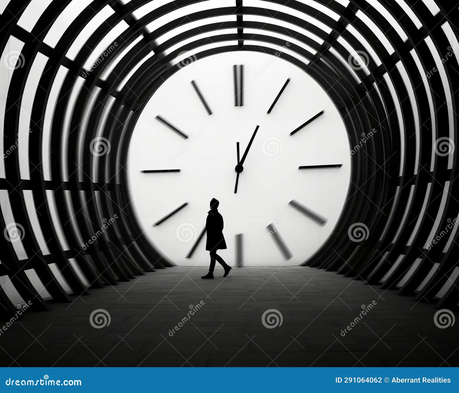 A Person Walking through a Tunnel with a Large Clock Stock Illustration ...