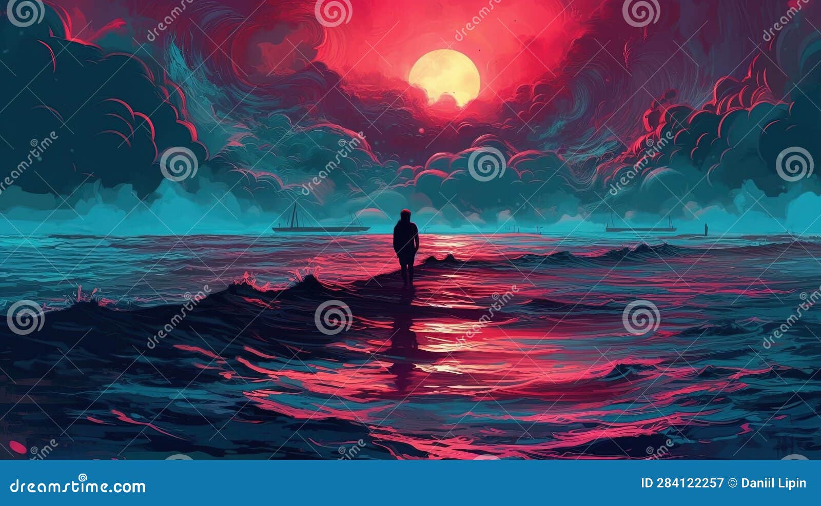A Person Walking on Water in a Surreal Beach Stock Illustration ...