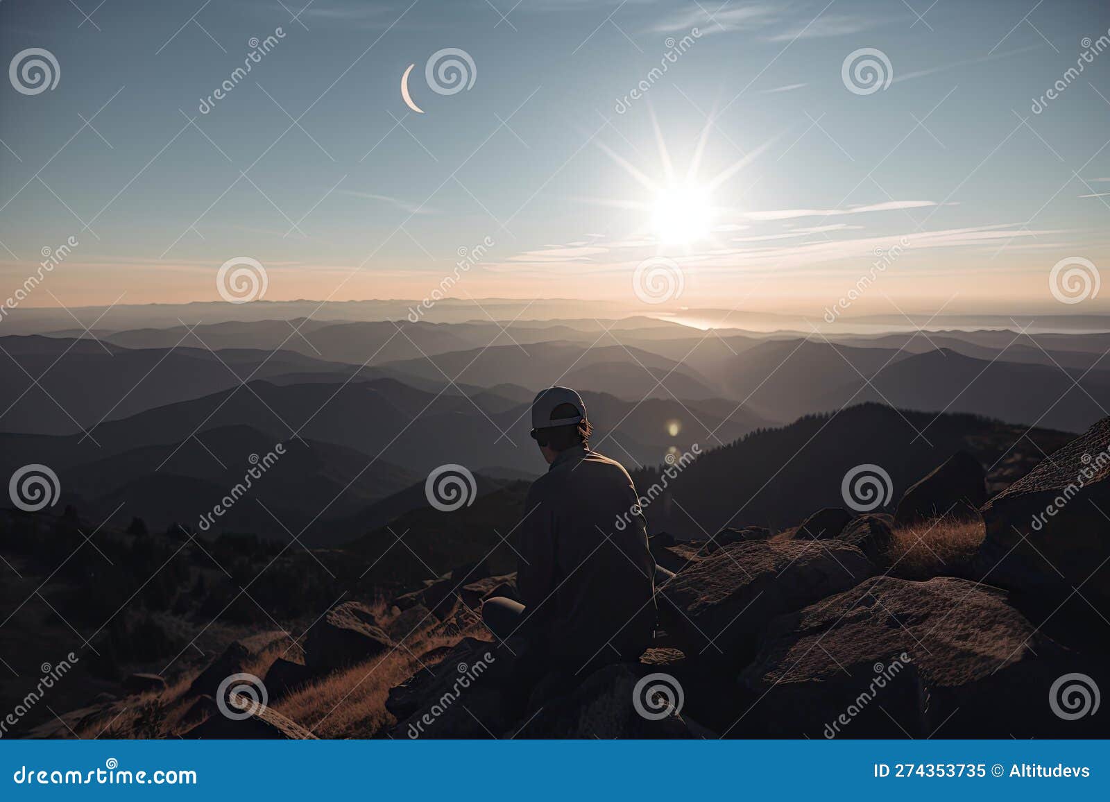 Person, Watching Eclipse from Mountaintop, with Distant View of the ...