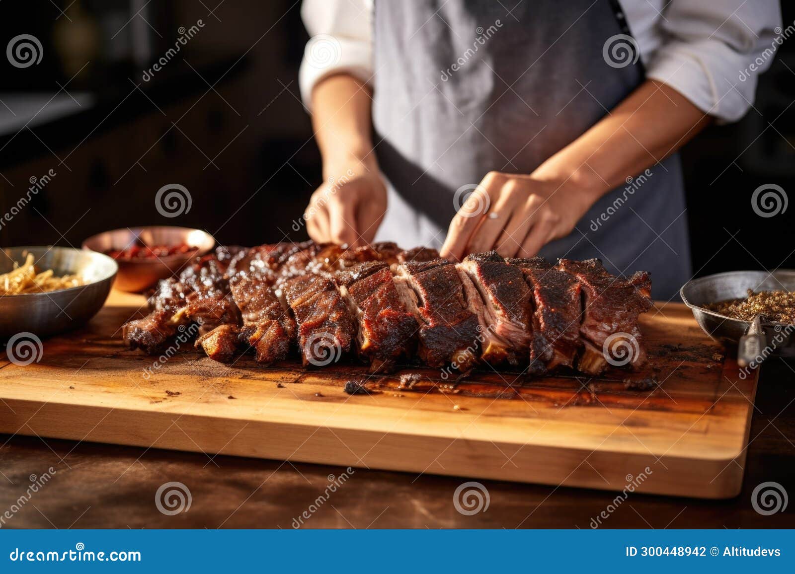 A Person Wearing an Apron Cooked Ribs on a Board Stock Photo - Image of ...