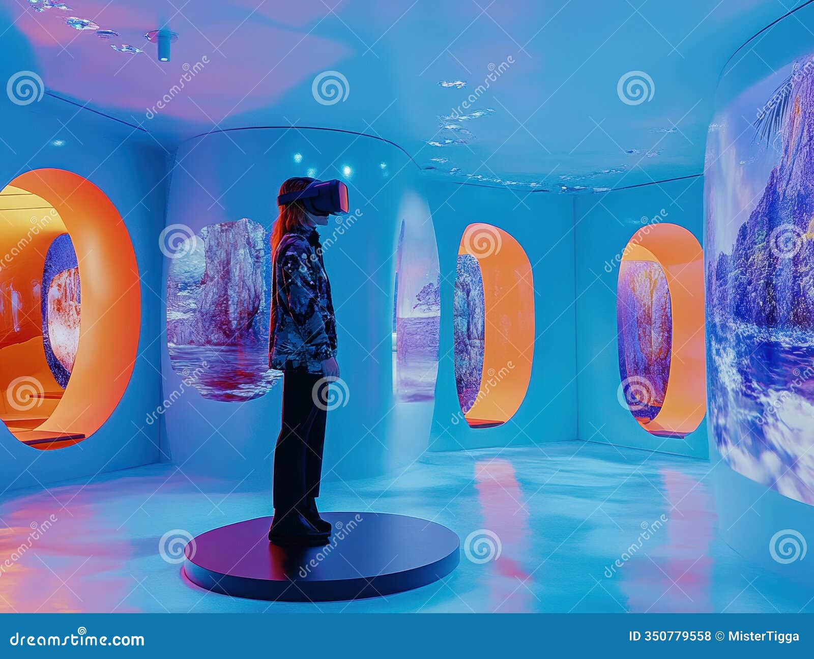 A Person Wears a VR Headset, Standing on a Black Platform in an ...