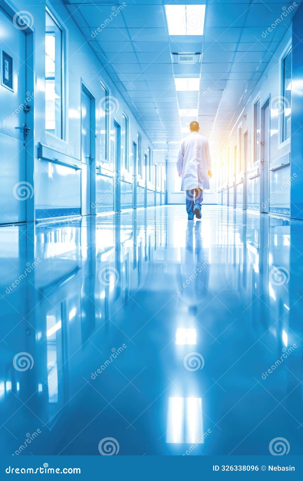 A Person in a White Lab Coat Walks Down a Long, Brightly Lit Hallway ...