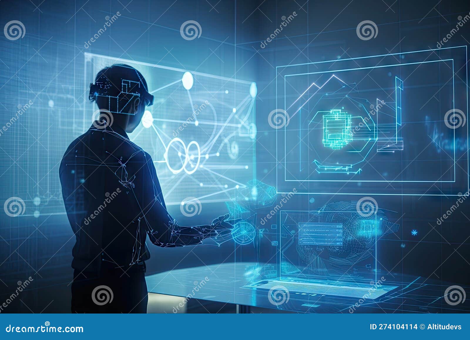 Person, Working on Complex Project with Digital Holographic Background ...