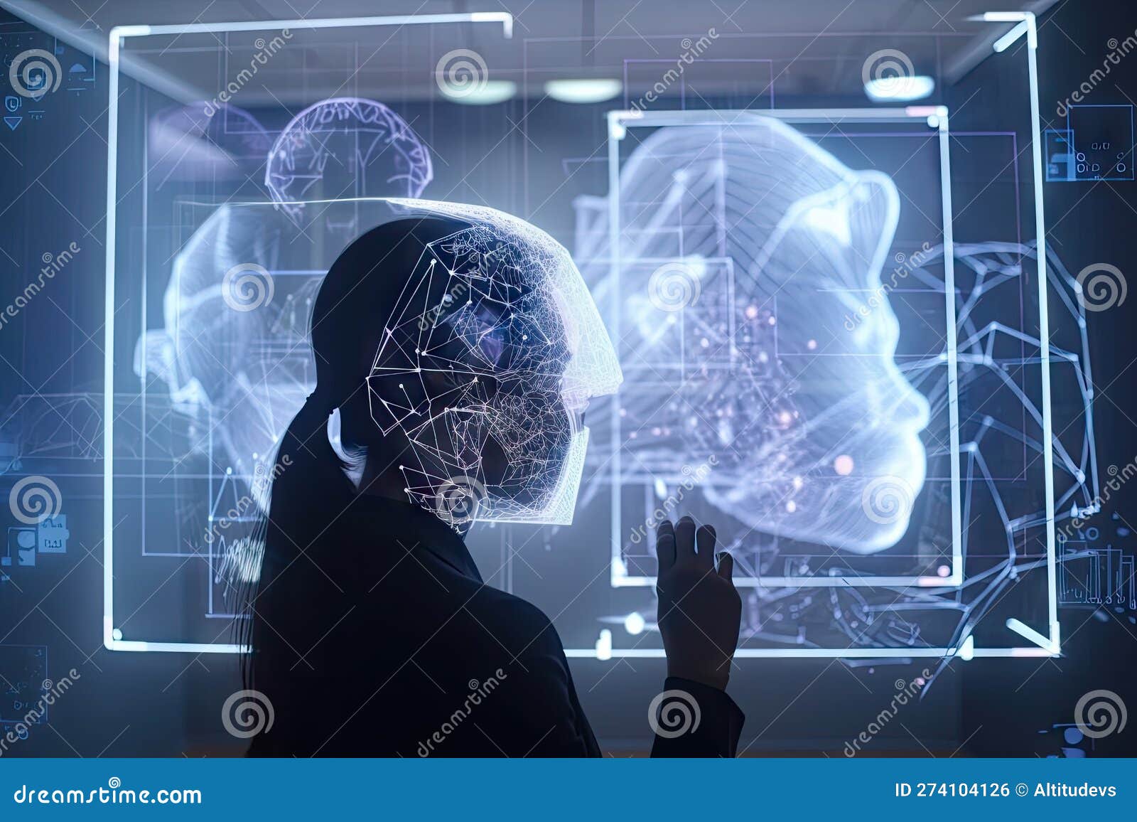 Person, Working on Complex Project with Digital Holographic Background ...