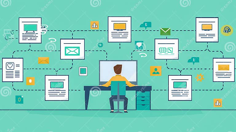 Person Working on a Computer with Connected Digital Content and Data ...