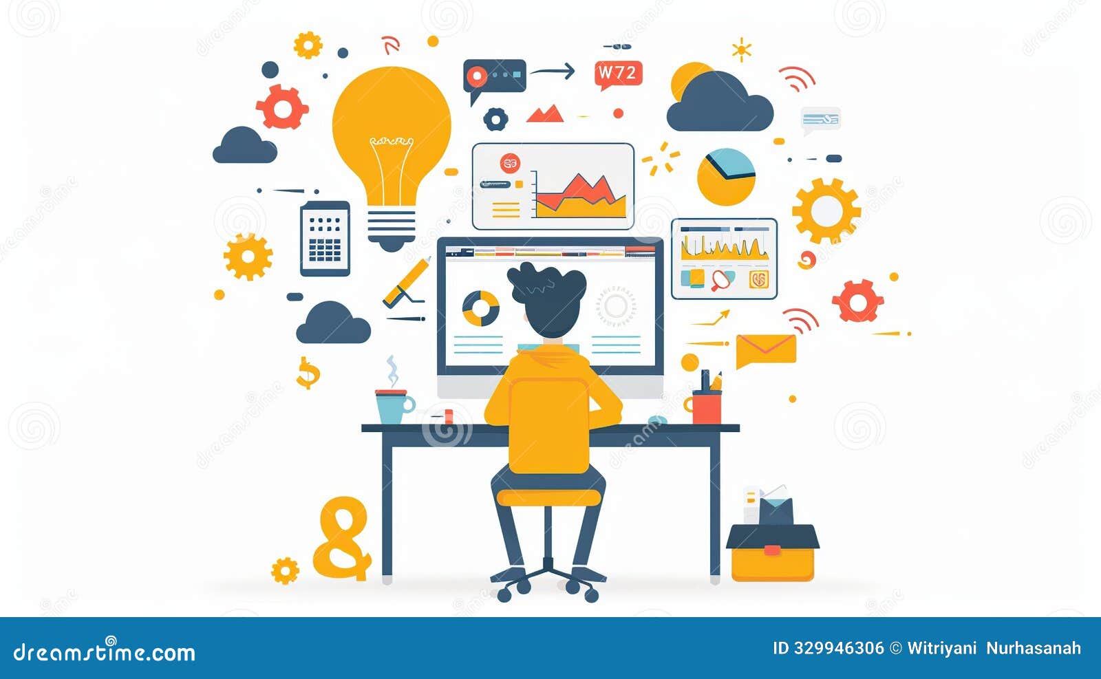 Person Working on Computer with Data and Ideas Stock Illustration ...