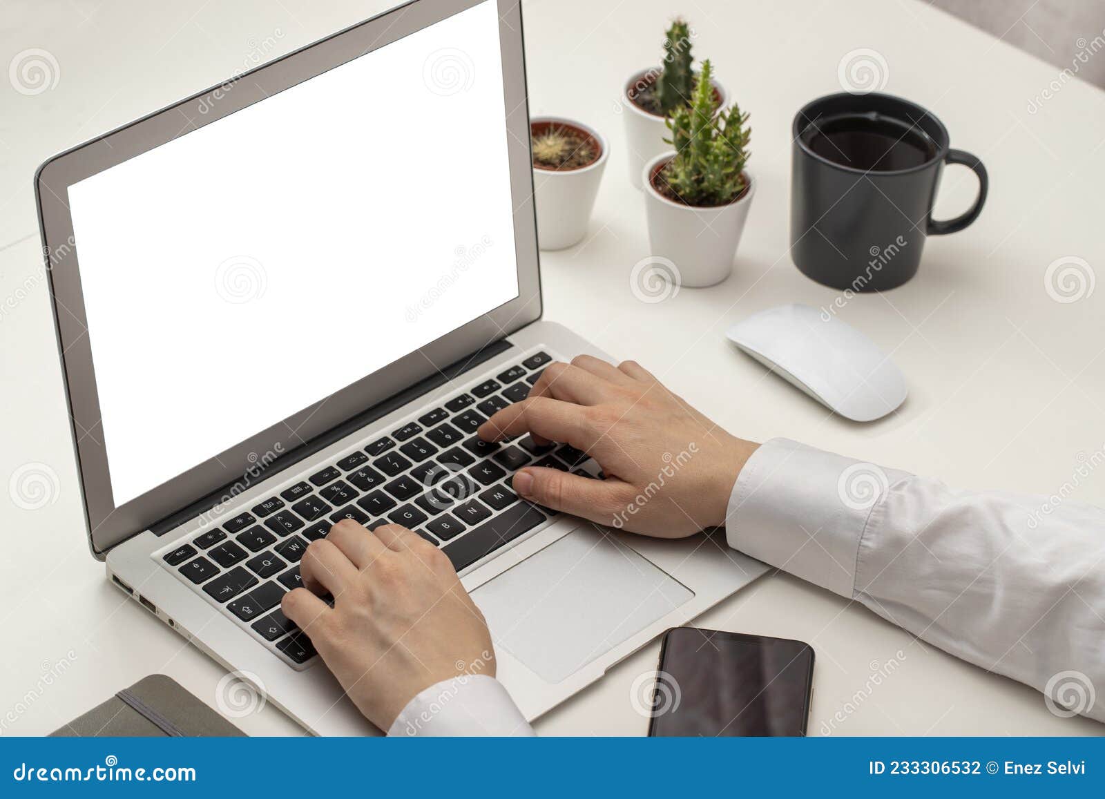 Person Working with Computer on Desk. Mockup Computer Stock Photo ...