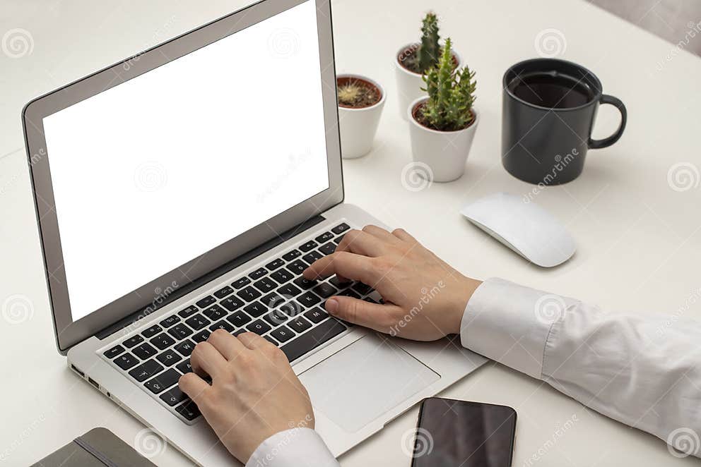 Person Working with Computer on Desk. Mockup Computer Stock Photo ...