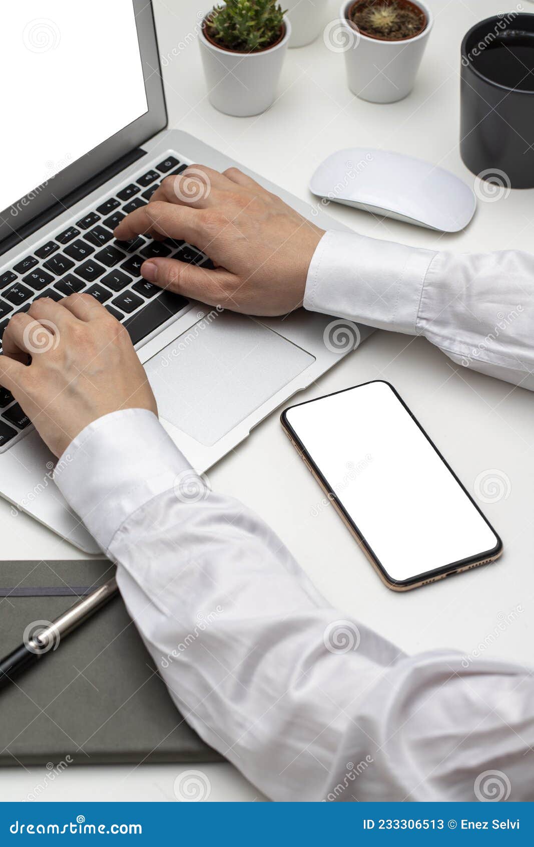 Person Working with Computer on Desk. Mockup Computer and Smart Phone ...