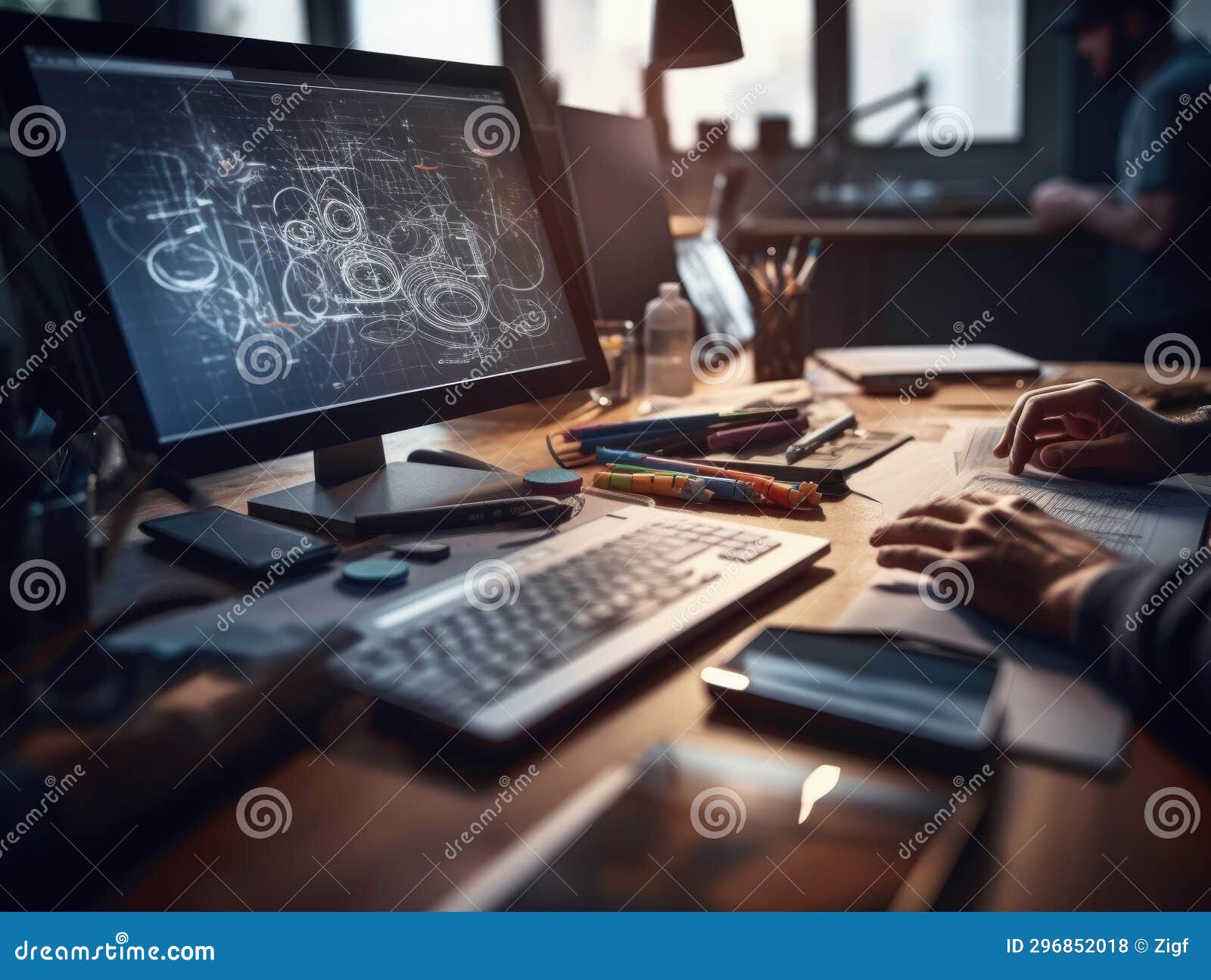 Person is Working on a Computer at a Desk Stock Illustration ...