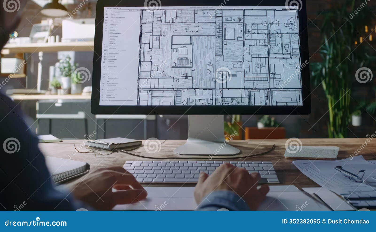 Person Working on Computer, Focusing on Digital Floor Plans and Designs ...
