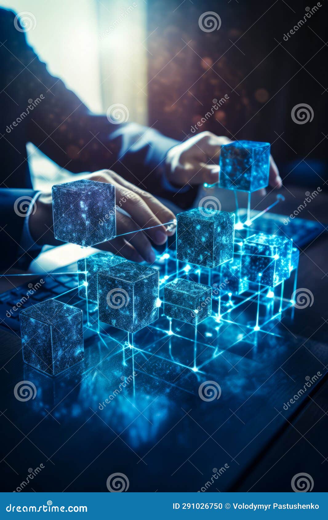 Person is Working on Computer with Glowing Cubes. Generative AI Stock ...