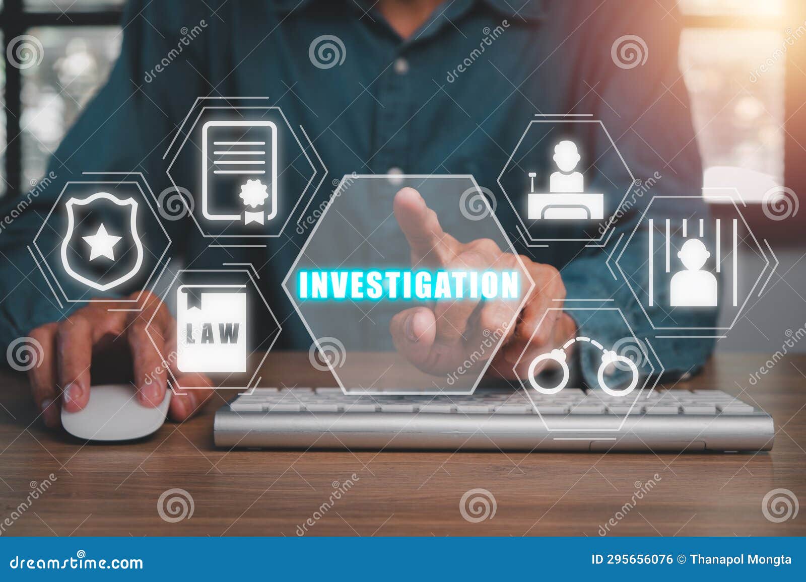 Person Working on Computer and Hand Touching Investigation Icon on ...