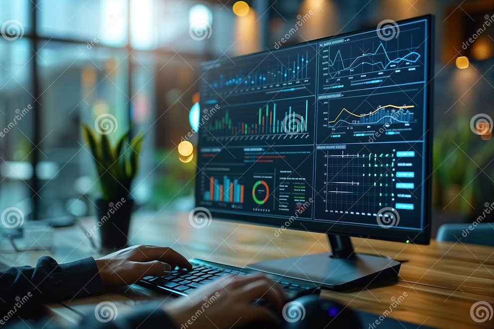 Person Working on a Computer with Multiple Dashboards Displaying Data ...