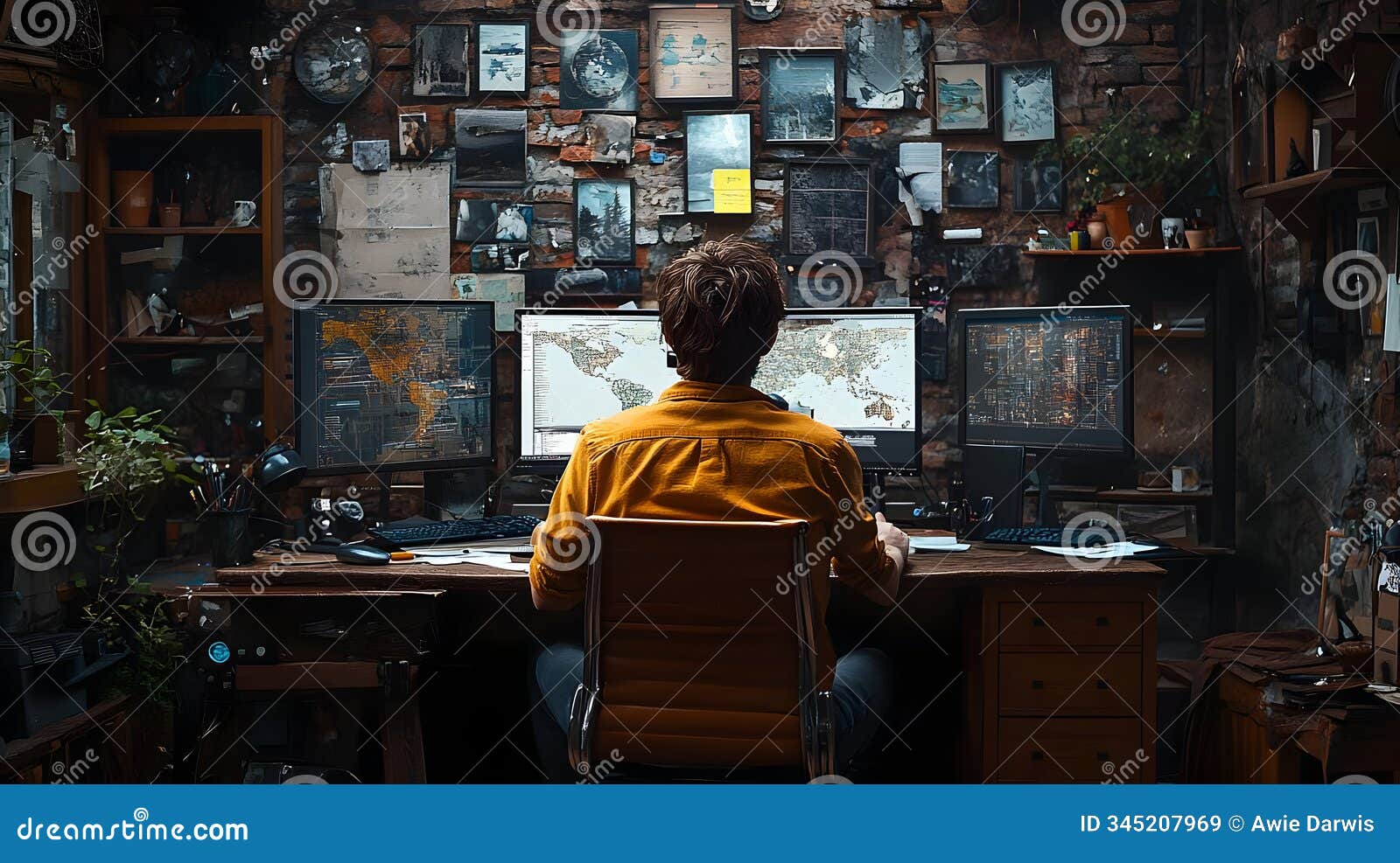 Person Working at Computer with World Maps on Screen - Realistic Image ...